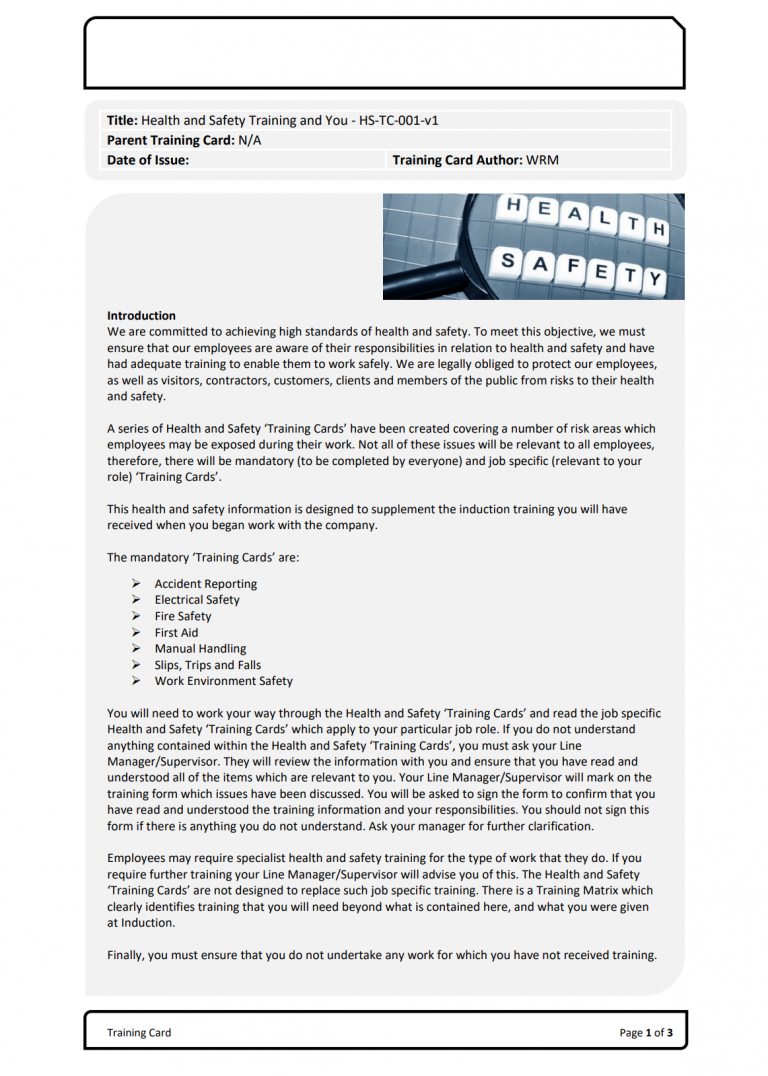 Health & Safety Training Card - Health & Safety Consultants - Risk ...